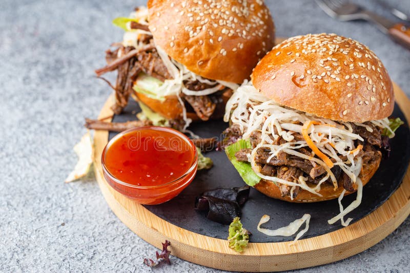 Pulled beef burger stock image. Image of baked, burger - 162312371