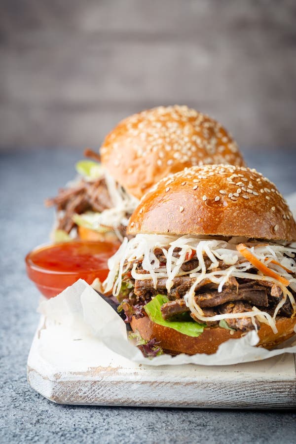 Pulled beef burger stock photo. Image of dark, meat - 165519266