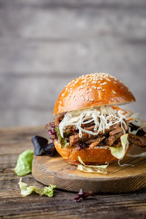 Pulled beef burger stock image. Image of barbeque, fast - 165519439