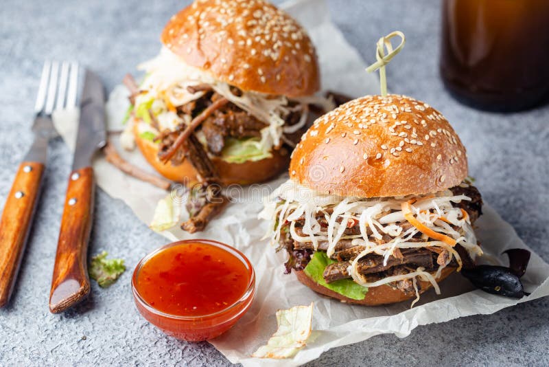 Pulled beef burger stock image. Image of dinner, baked - 162312175