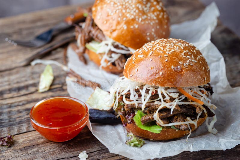 Pulled beef burger stock photo. Image of dinner, potato - 162312178