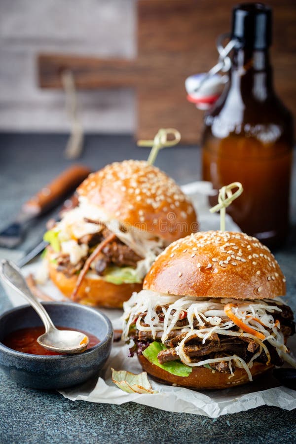 Pulled beef burger stock photo. Image of food, fastfood - 163614928