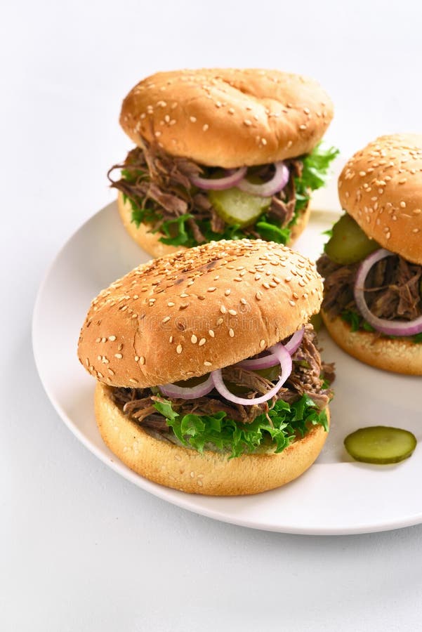 Pulled Beef Hamburgers with Vegetables Stock Photo - Image of gourmet ...