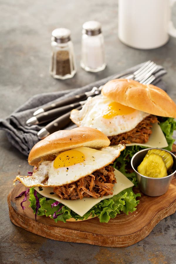 Pulled Pork Breakfast Sandwiches with Fried Egg Stock Image - Image of ...