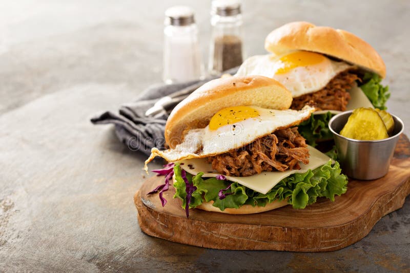 Pulled Pork Breakfast Sandwiches with Fried Egg Stock Image - Image of ...