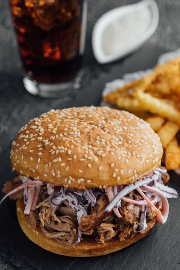 Pulled pork burger stock photo. Image of drink, pulled - 109063654