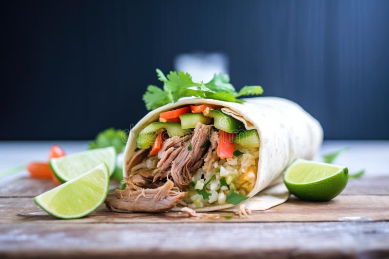 Pulled Pork Burrito Cut in Sections with Lime Wedges Stock Photo ...