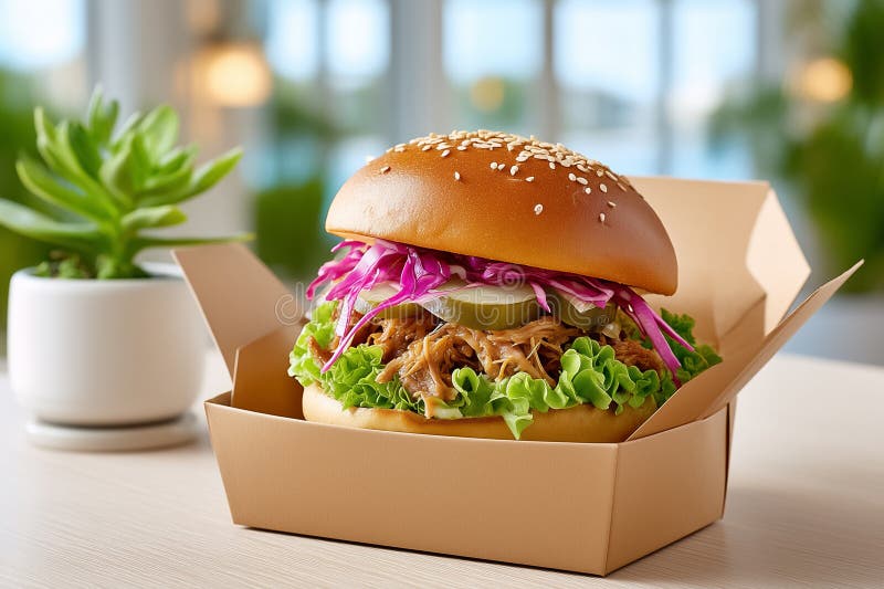 Pulled Pork Sandwich Loaded with Slaw and Pickles in Kraft Box Placed ...