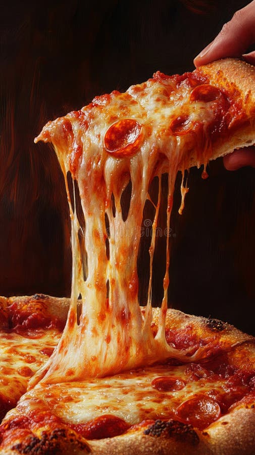 Pulling Hot Pizza Slice Cheese Stretch Closeup. Stock Image - Image of ...