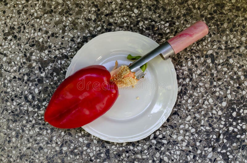 Pulling Seeds of Red, Raw, Ripe Peppers, Paprika or Capsicum from the ...