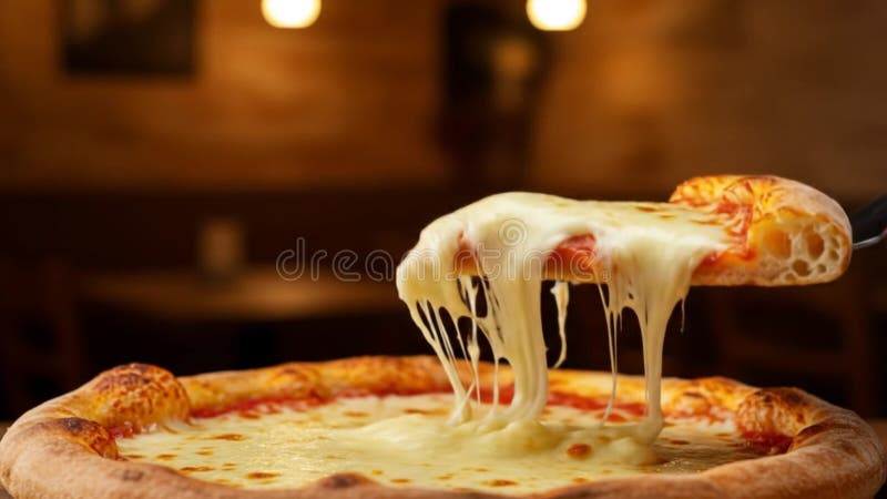 Pulling a Slice of Cheesy Pizza with Stretchy Mozzarella in Restaurant Stock Video - Video of ...