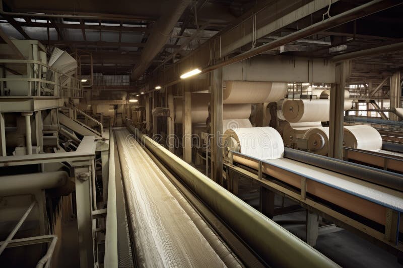 Pulp and Paper Factory, with Conveyor Belts Transporting Rolls of Paper ...