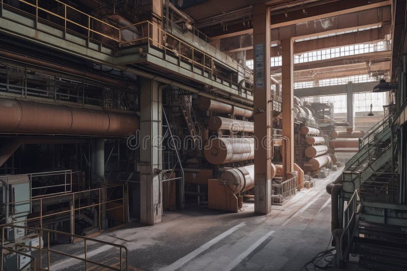 Pulp and Paper Factory, with Enormous Machines Processing Raw Materials ...