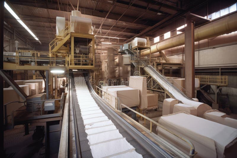 Pulp and Paper Mill, with Conveyors Transporting Raw Materials and ...