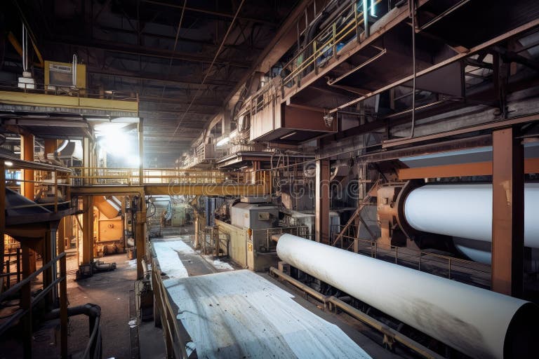 Pulp and Paper Mill, with Massive Machines Processing Raw Materials and ...