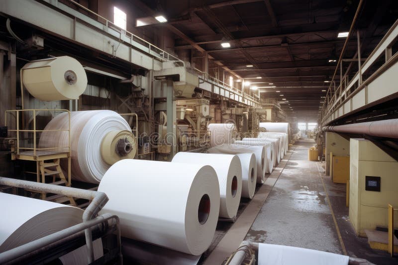 Pulp and Paper Mill, with Massive Machines Processing Raw Materials and ...