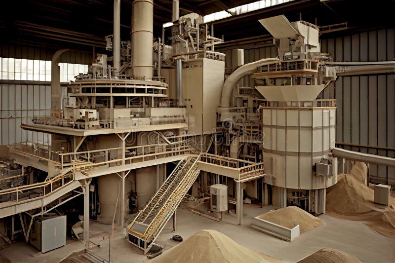 Pulp and Paper Plant, with Conveyor Belts Moving Raw Materials into the ...
