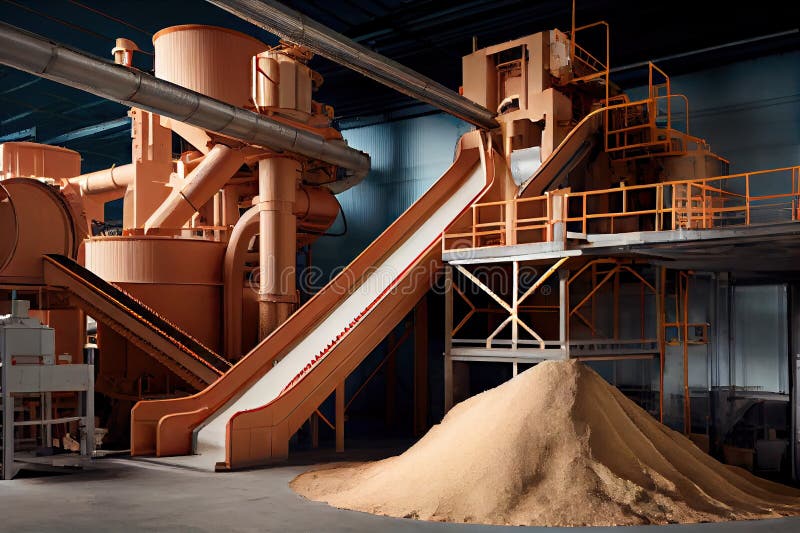 Pulp and Paper Plant, with Conveyor Belts Moving Raw Materials into the ...