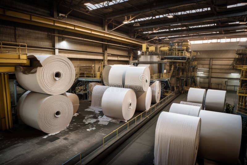 Pulp and Paper Plant, with Stacks of Rolls of Recycled Paper Visible ...