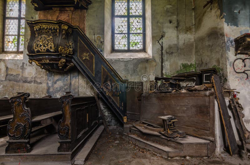 Pulpit in abandoned church stock photo. Image of history - 108542440