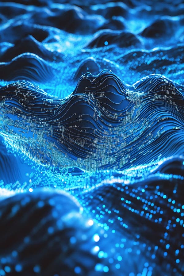 Pulsating Blue Digital Signal Waves Floating in Dark Space Fractal Patterns Merging with Binary ...