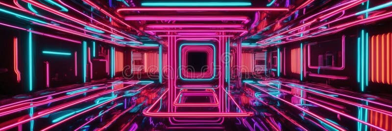 Pulsating Neon Light Patterns Forming a 3D Technological Structure ...