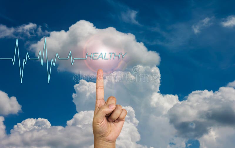 Pulse or Heart Beat and Text Healthy with Hand on Sky Stock Photo ...