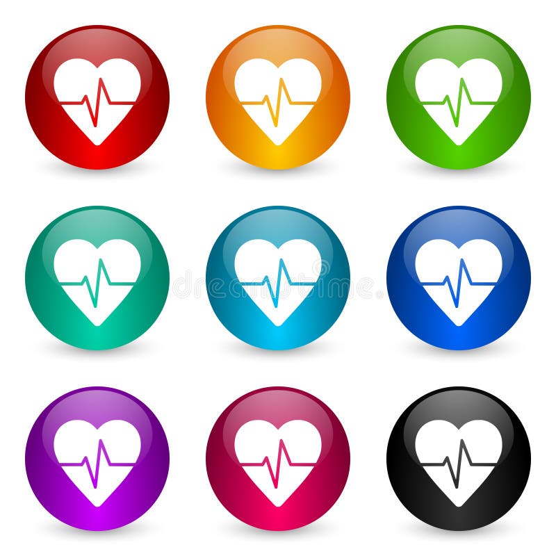 Pulse Icon Set, Colorful Glossy 3d Rendering Ball Buttons in 9 Color ...