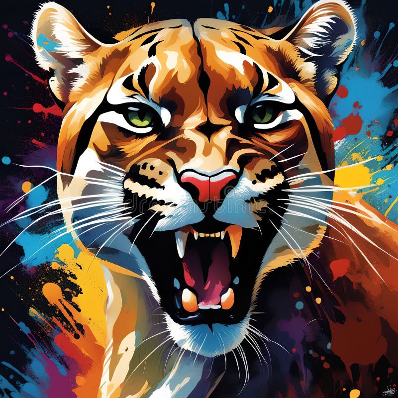 Puma Head on Colorful Background with Ink Splashes. Vector Illustration ...