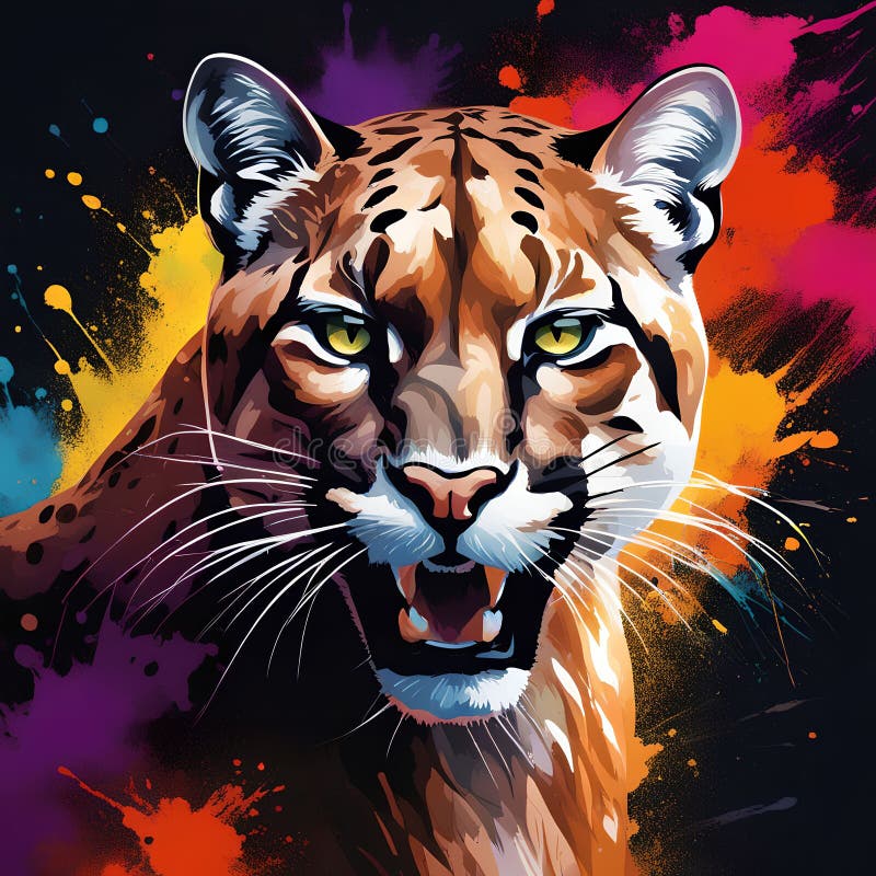 Puma Head on Colorful Background with Ink Splashes. Vector Illustration ...