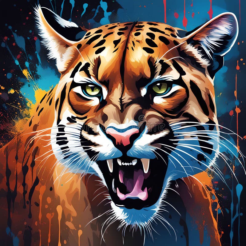 Puma Head on Colorful Background with Ink Splashes. Vector Illustration ...