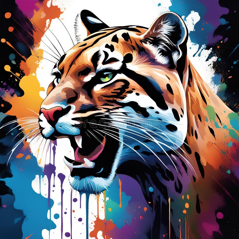 Puma Head on Colorful Background with Ink Splashes. Vector Illustration ...