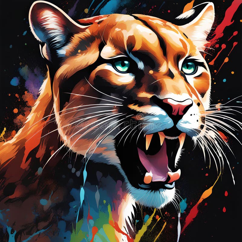 Puma Head on Colorful Background with Ink Splashes. Vector Illustration ...