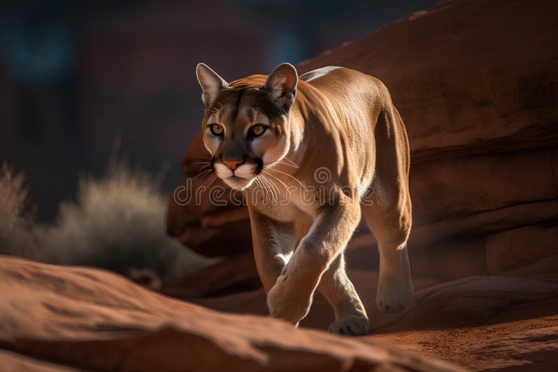 Puma, Puma Concolor, Walking in the Red Rocks Stock Illustration ...