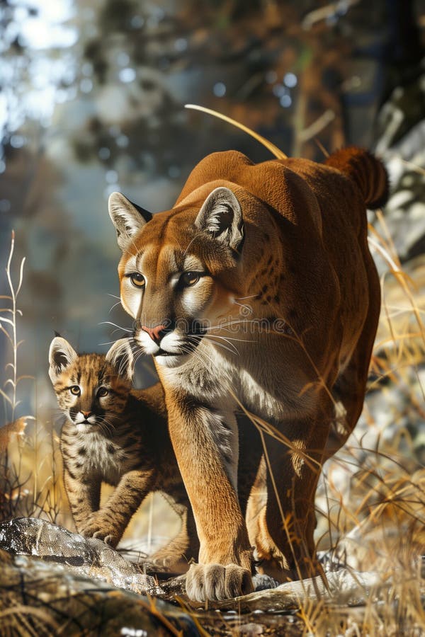 A Puma and Her Little Baby Walking through the Forest Stock ...