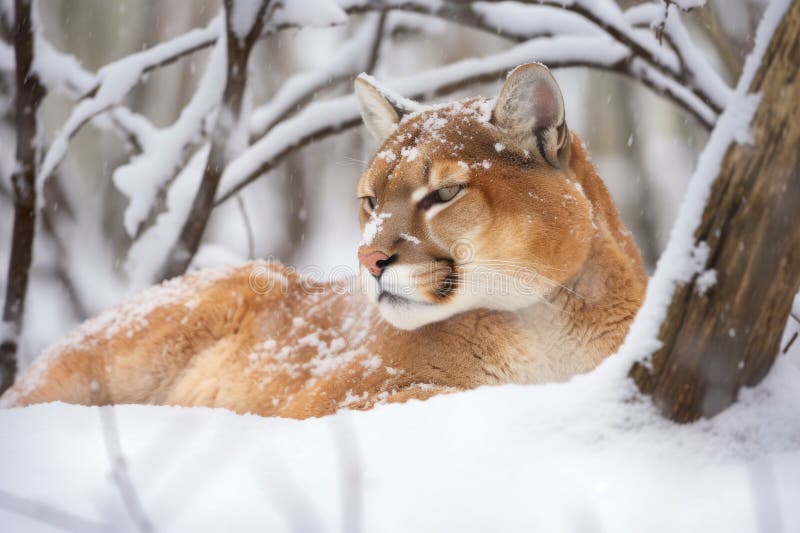 Puma Resting after Successful Hunt in Snow Stock Photo - Image of lion ...