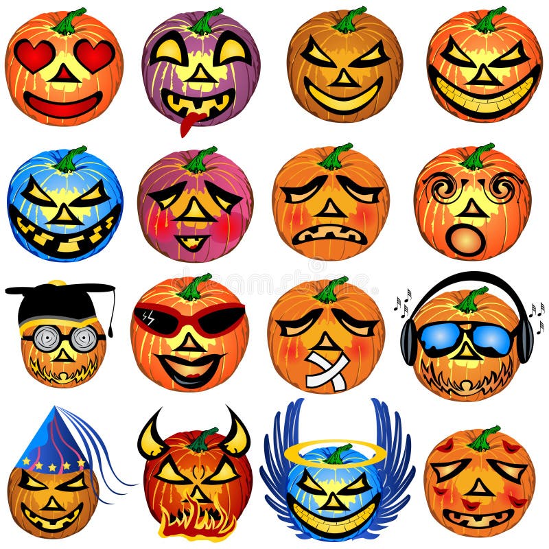 Scary Halloween Pumpkin Faces Icons Set Stock Illustration ...