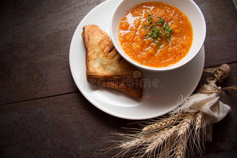 Pumkin soup with puff bun stock image. Image of agriculture - 65208973