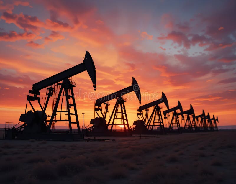 Pump jack row silhouette stock illustration. Illustration of jack ...