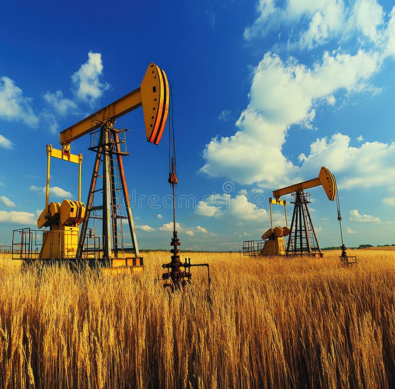 Oil Pump Jacks Operate Across a Vast Field Under a Bright Blue Sky in High-definition Clarity ...