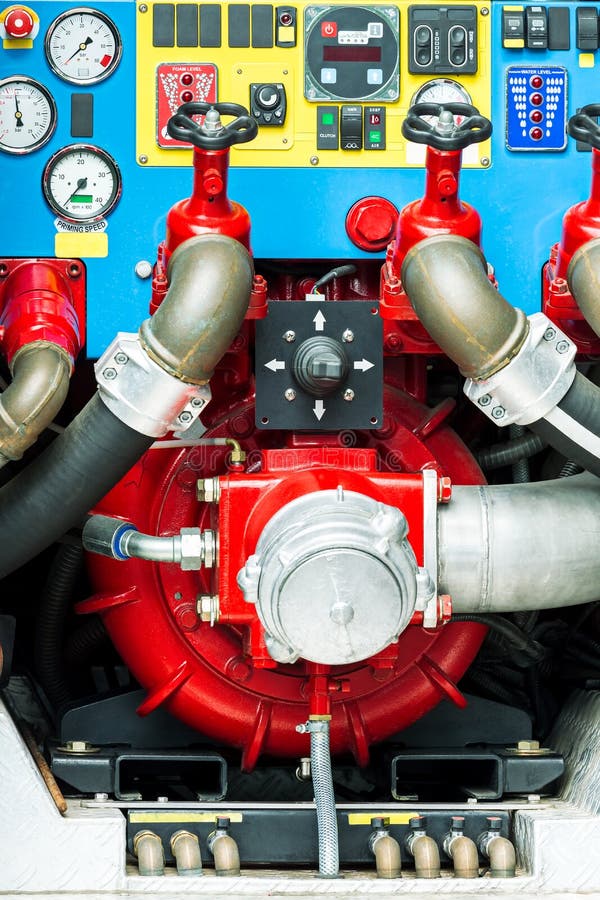 Pump Panel on Fire Engine with Valves and Pressure Gauges Stock Photo ...