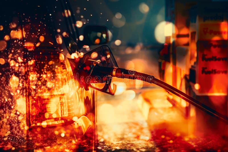 Pumping Gasoline Fuel in a Car at a Gas Station. Fire Effect. Stock ...