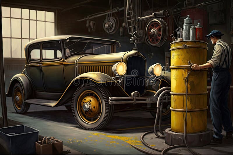 Pumping Oil into Car by Hand in Garage Workshop Stock Illustration ...