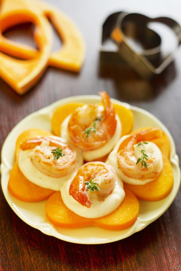 Pumpkin Appetizer with Sauce and Shrimps Stock Image - Image of cream ...