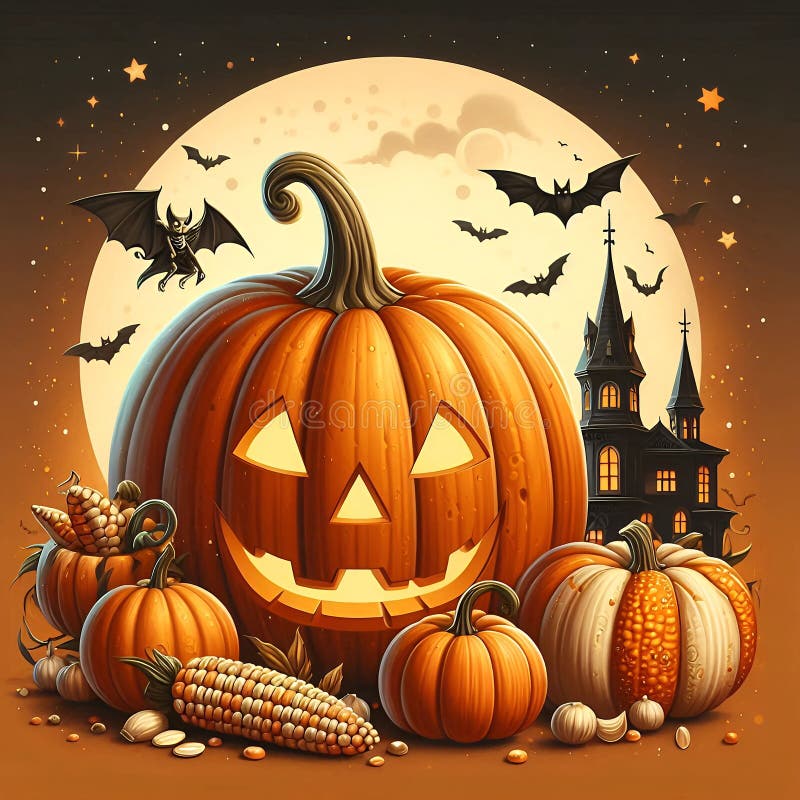 A Pumpkin with Bats and Bats on it with a Full Moon Behind it. Stock ...
