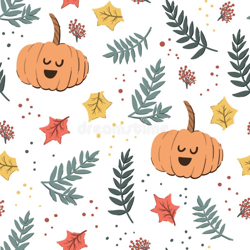 Pumpkin, Berries and Leaves Seamless Doodle Pattern. Hand Drawn Autumn ...