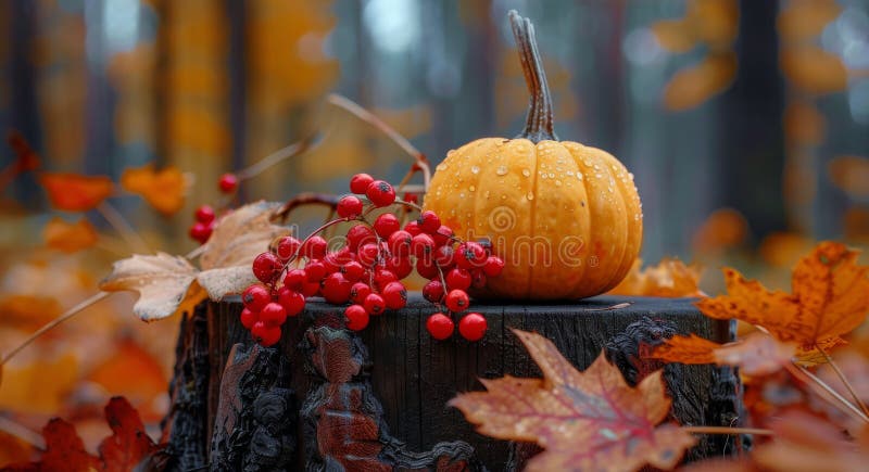 Pumpkin and Berries on a Tree Stump in Autumn Stock Image - Image of ...