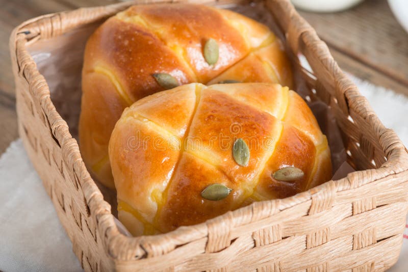 Pumpkin Bun Topping with Pumpkin Seeds in the Basket. Stock Photo ...