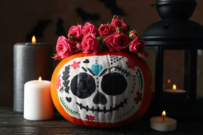 Pumpkin with Catrina Skull Makeup and Halloween Accessories Stock Image ...