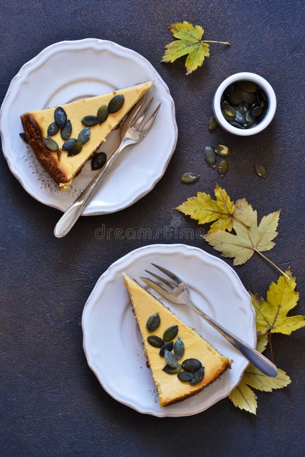 Pumpkin Cheesecake on a Concrete Background. View from Above Stock ...